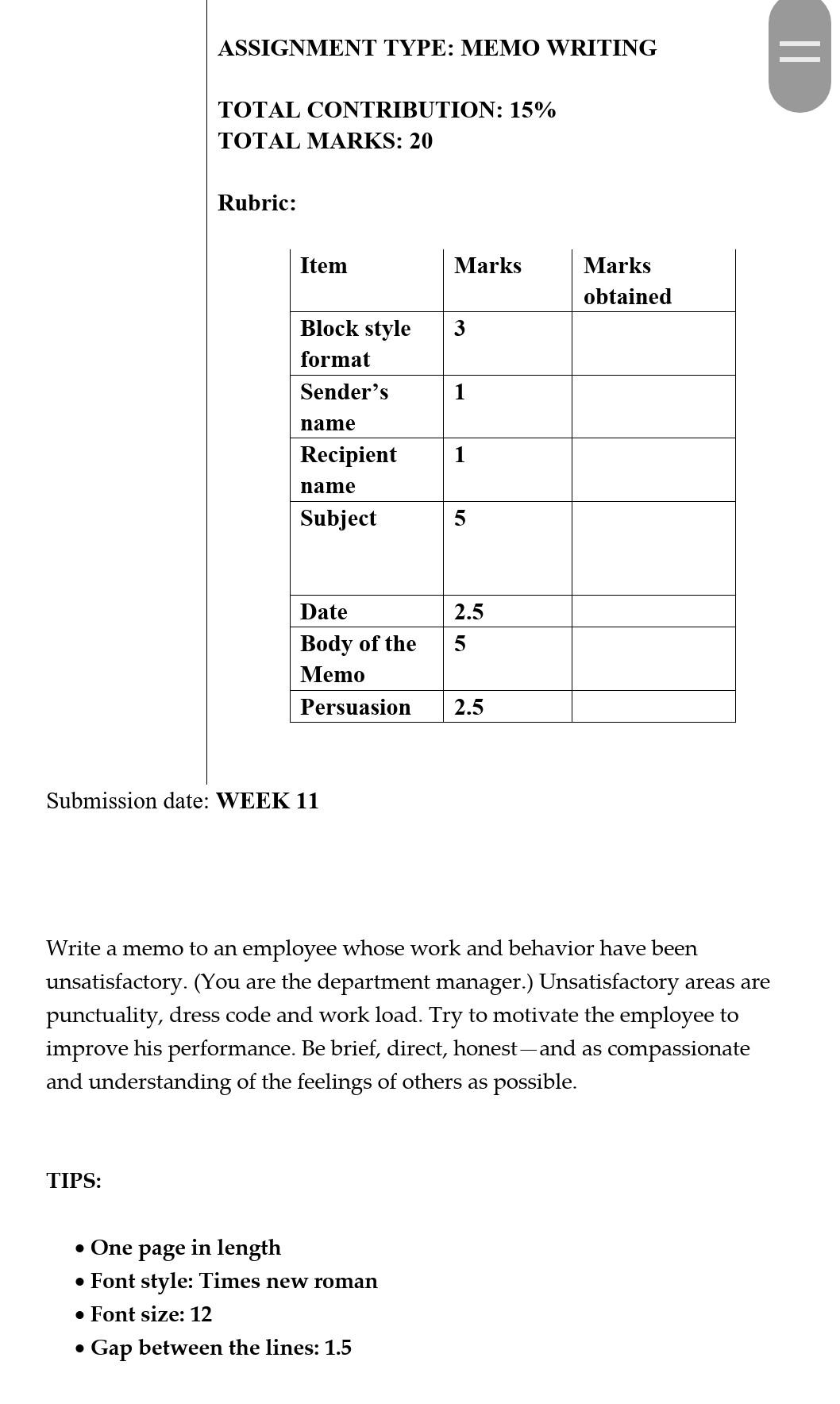 ASSIGNMENT TYPE: MEMO WRITING TOTAL CONTRIBUTION: 15% | Chegg.com