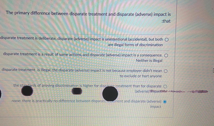 Solved The primary difference between disparate treatment | Chegg.com