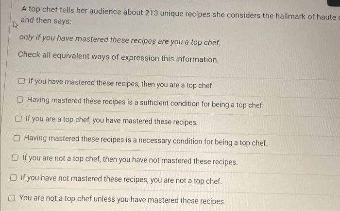 Solved A top chef tells her audience about 213 unique | Chegg.com
