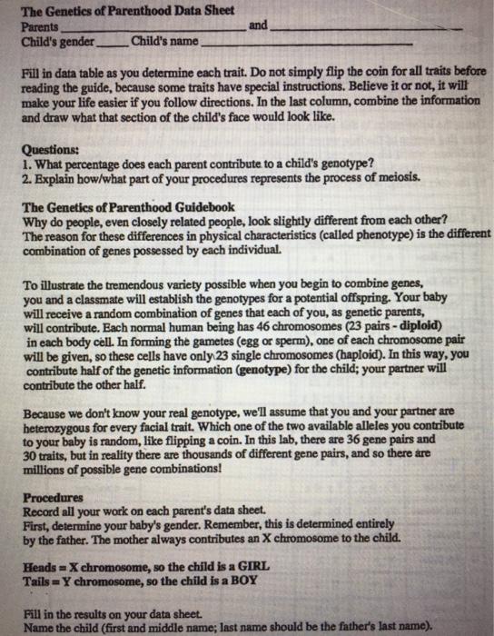 Solved The Genetics of Parenthood Data Sheet Parents Child's | Chegg.com