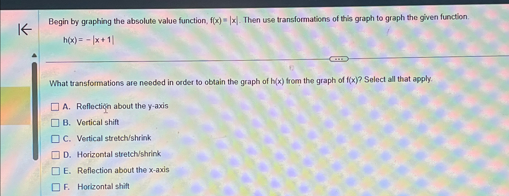 Solved Begin by graphing the absolute value function, | Chegg.com