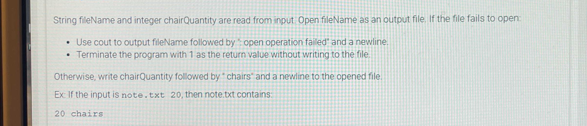 Solved In c++String fileName and integer chairQuantity are | Chegg.com Solved In c++String fileName and integer chairQuantity are | Chegg.com