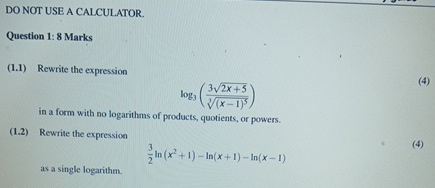 DO NOT USE A CALCULATOR.Question 1: 8 ﻿Marks(1.1) | Chegg.com
