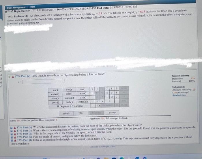 Solved (7\%) Problem 1t: An object rolls off a tabletop with | Chegg.com