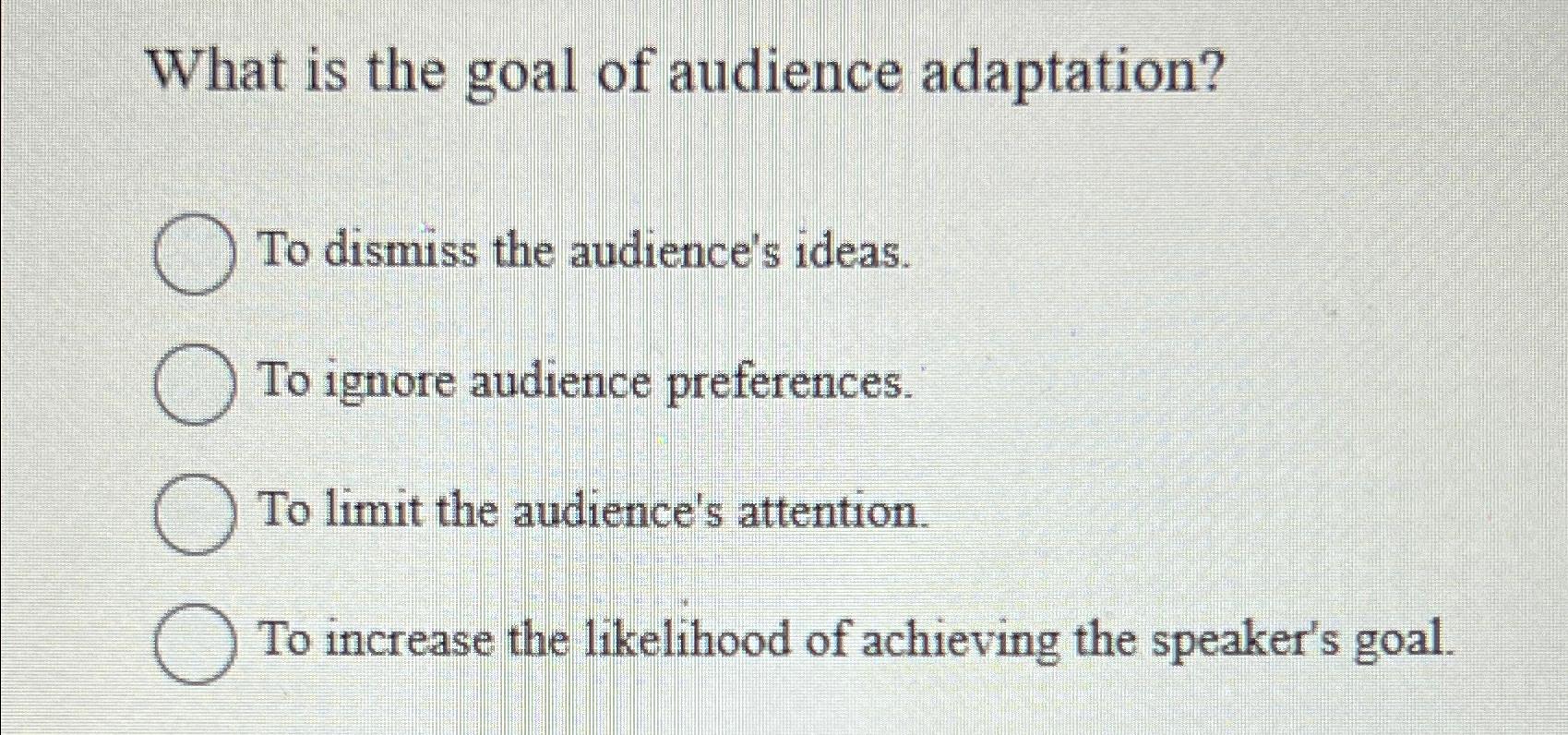 Solved What is the goal of audience adaptation?To dismiss | Chegg.com