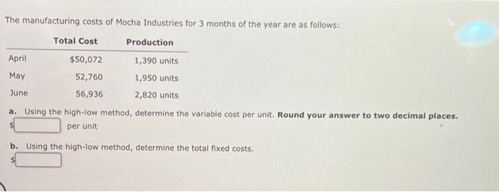Solved The manufacturing costs of Mocha Industries for 3 | Chegg.com