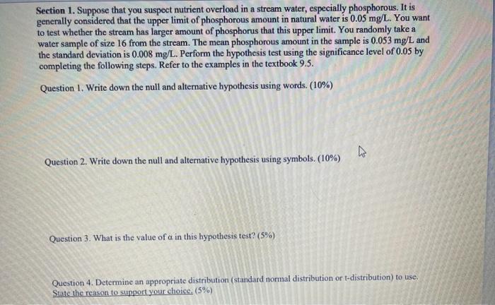 Solved Section 1. Suppose that you suspect nutrient overload | Chegg.com