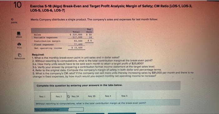 Solved Exercise 5-18 (Algo) Break-Even and Target Profit | Chegg.com