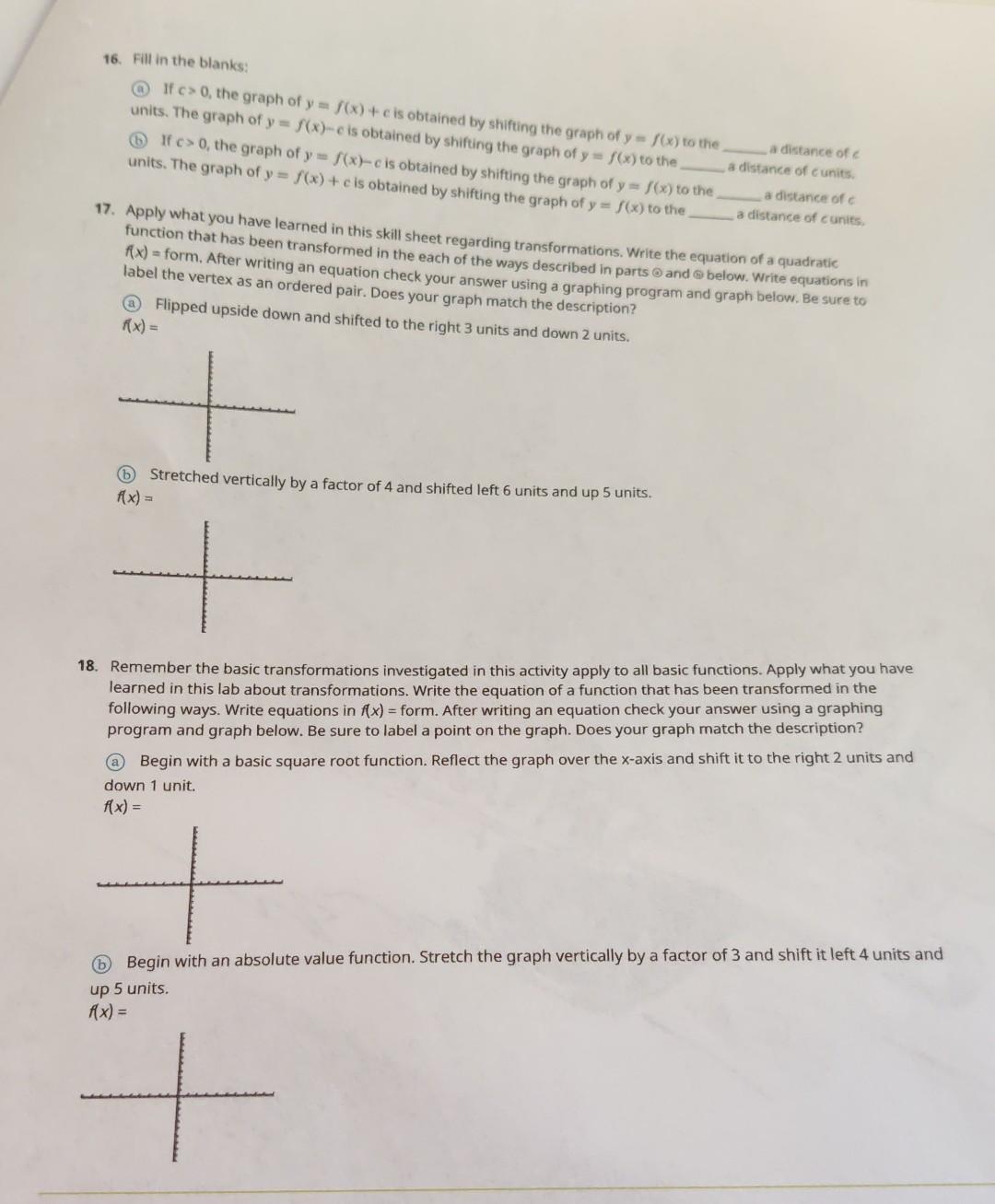 Solved 16. Fill in the blanks: units. The graph of y=f(x)−c | Chegg.com