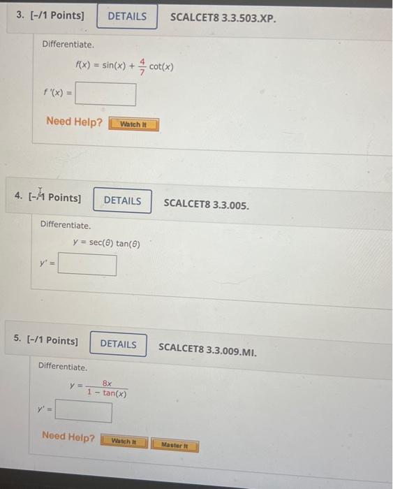 Solved SCALCET8 3.3.503.XP. Differentiate. | Chegg.com