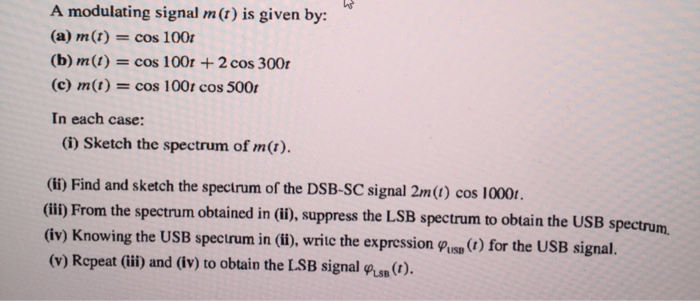 Solved A modulating signal m(t) is given by: (a) m(t) = cos | Chegg.com