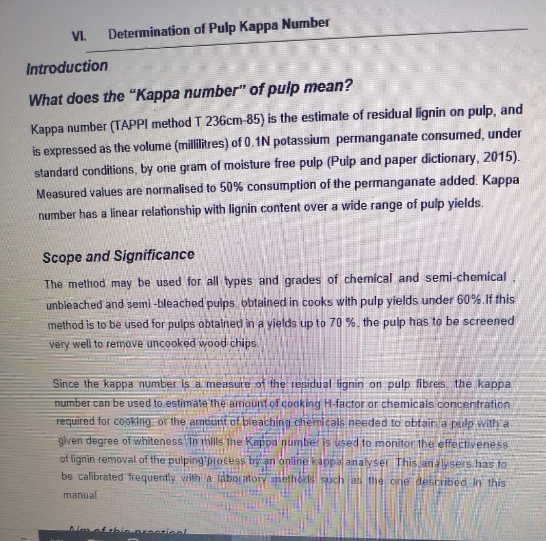 VI. Determination of Pulp Kappa Number Introduction | Chegg.com