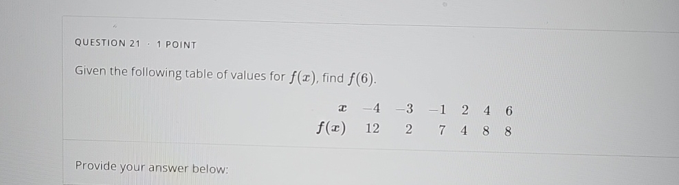 Solved QUESTION 21 * 1 POINTGiven the following table of | Chegg.com Solved QUESTION 21 * 1 POINTGiven the following table of | Chegg.com