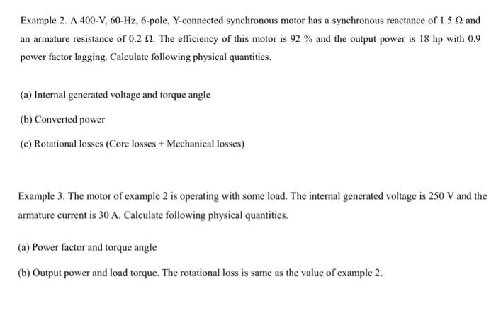 Solved Example 3. The motor of example 2 is operating with | Chegg.com