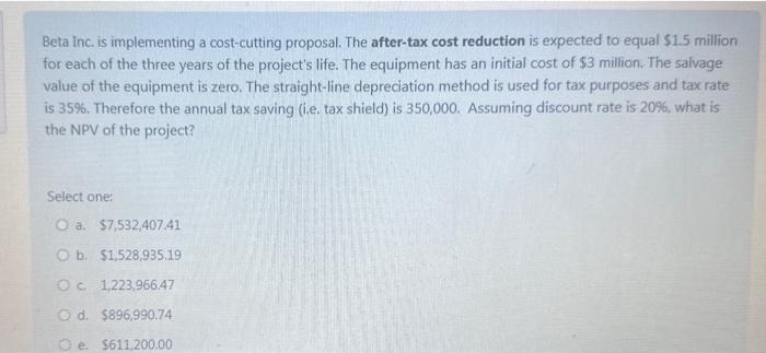 Solved Beta inc. is implementing a cost-cutting proposal. | Chegg.com