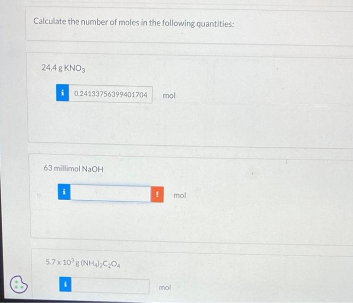 Solved Calculate the number of moles in the following | Chegg.com