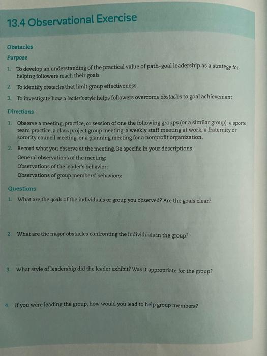 Solved 13.4 Observational Exercise Obstacles Purpose 1. To | Chegg.com