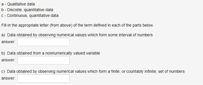 Solved a - Qualitative data b - Discrete, quantitative data | Chegg.com