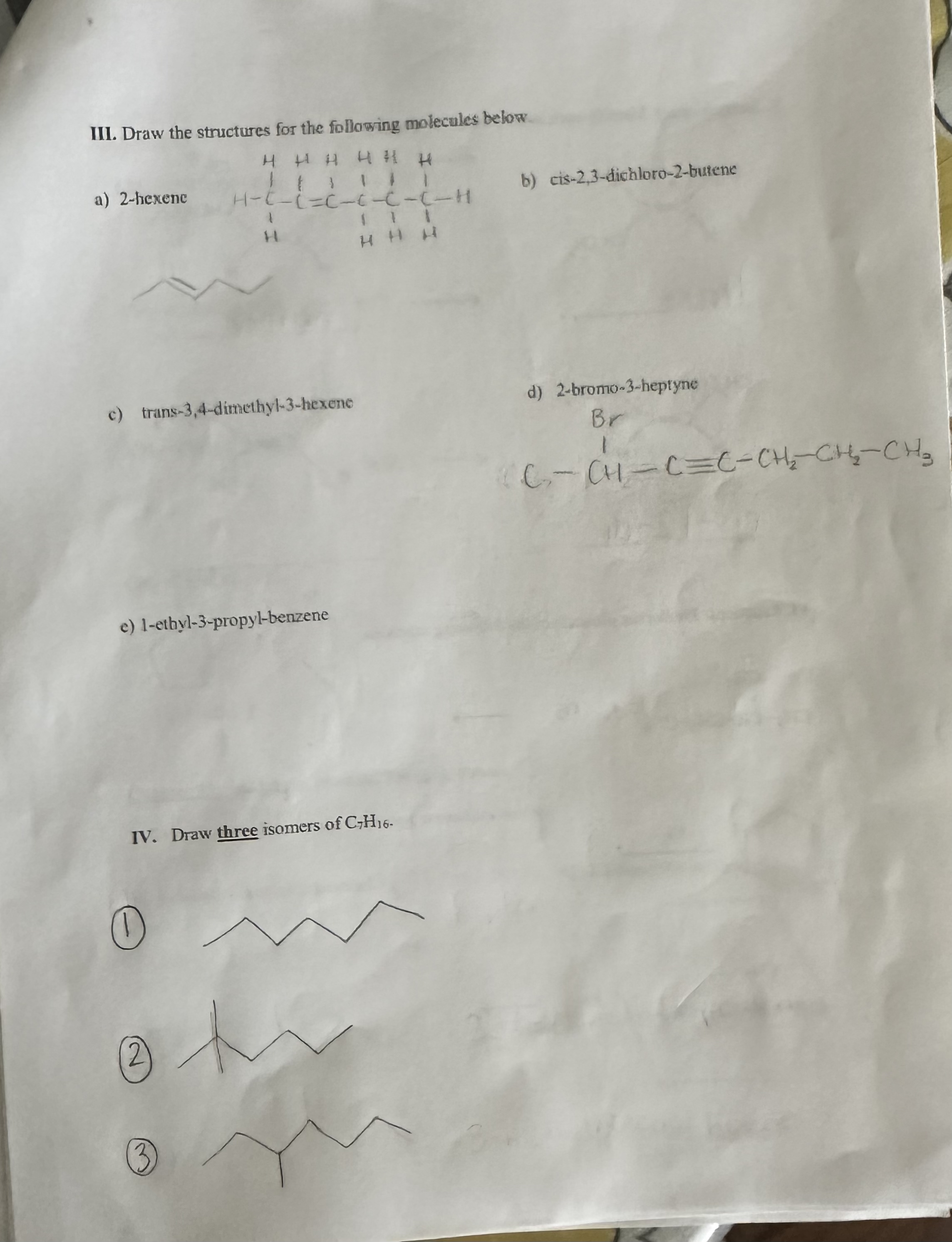 Solved III. Draw the structures for the following molecules | Chegg.com