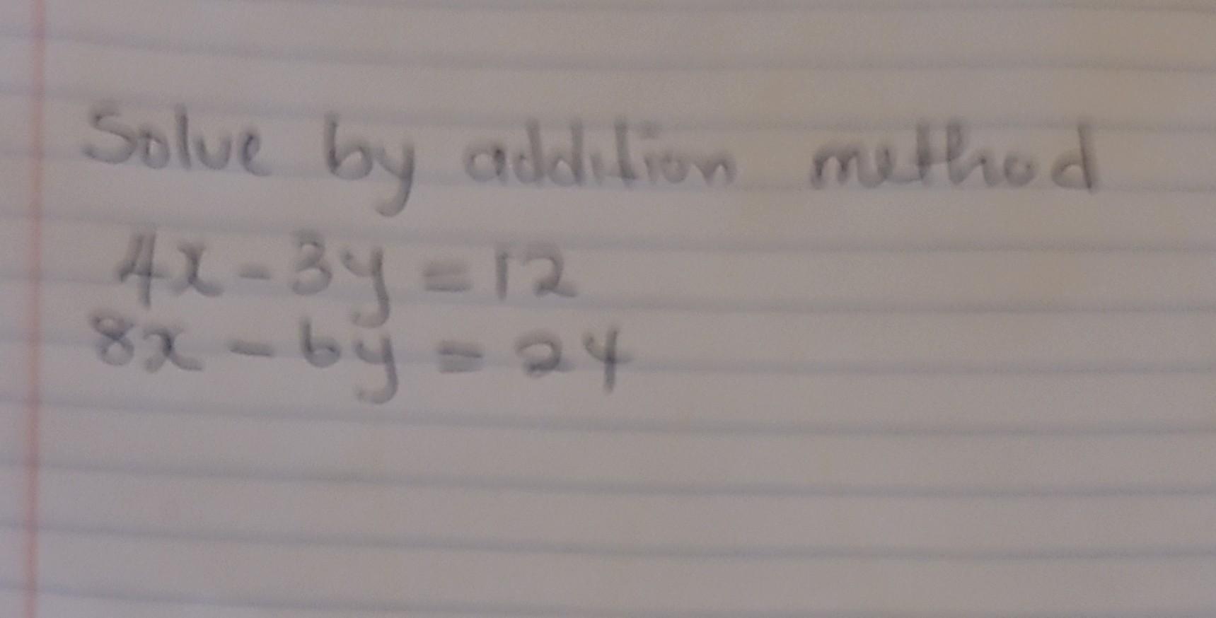 Solved Solve by addition method 4x−3y=128x−6y=24 | Chegg.com