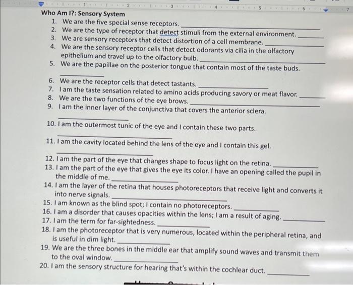 Solved Who Am I?: Sensory System 1. We are the five special | Chegg.com