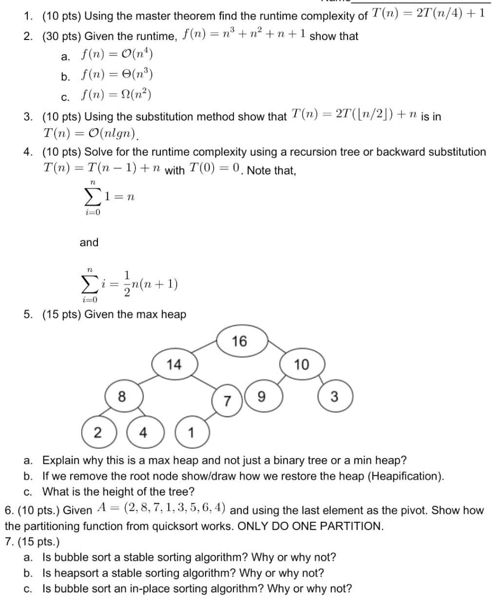 Solved 1. (10 pts) Using the master theorem find the runtime | Chegg.com