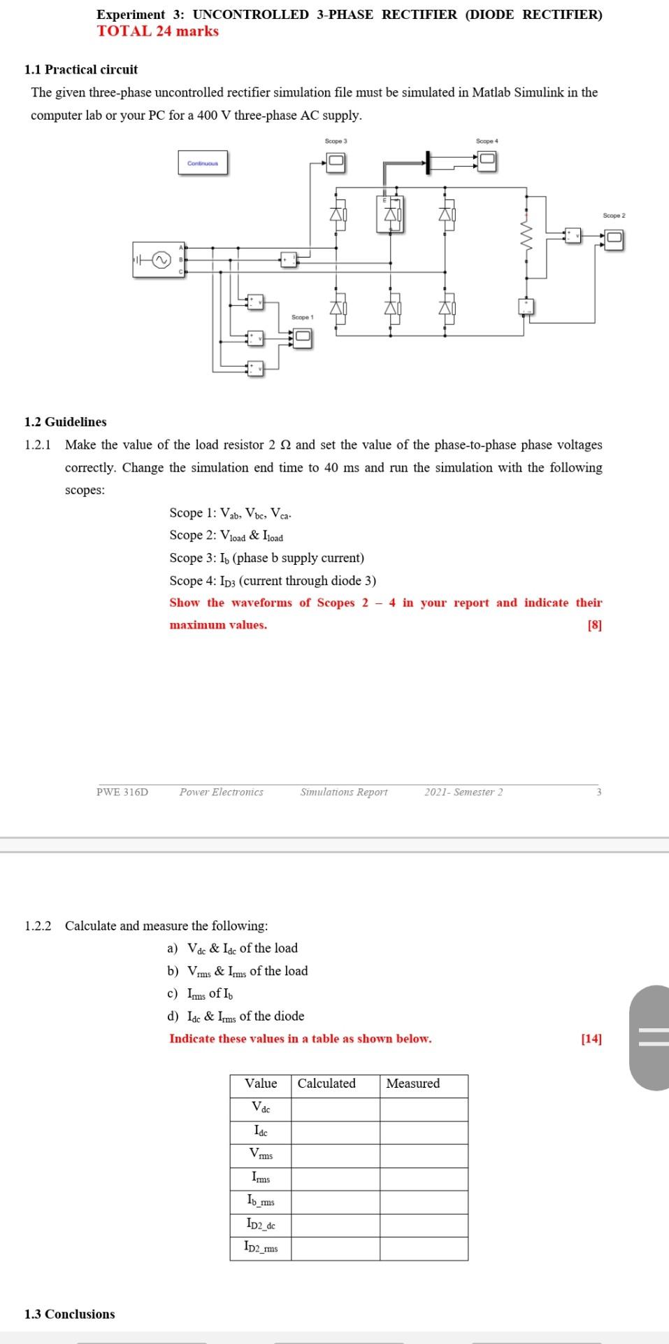 Solved Experiment 3: UNCONTROLLED 3-PHASE RECTIFIER (DIODE | Chegg.com