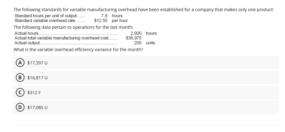 Solved The following standards for variable manufacturing | Chegg.com