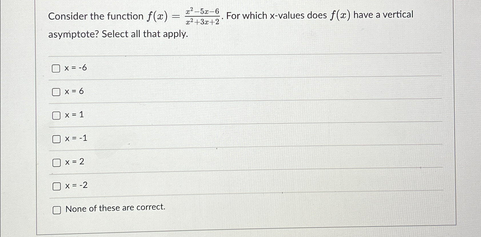 Solved Consider the function f(x)=x2-5x-6x2+3x+2. ﻿For which | Chegg.com
