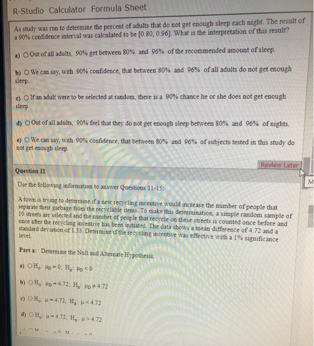 Solved R-Studio Calculator Formula Sheet As study was run to | Chegg.com
