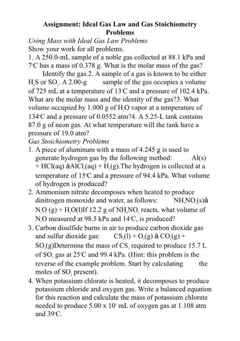 Solved Assignment: Ideal Gas Law and Gas Stoichiometry | Chegg.com