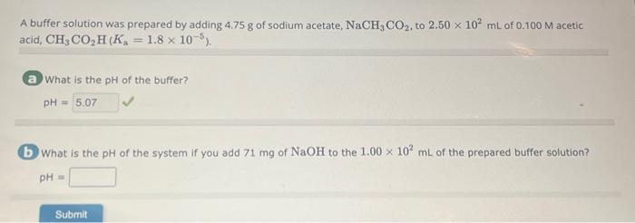 Solved A buffer solution was prepared by adding 4.75 g of | Chegg.com