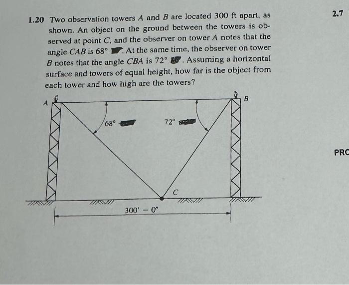 Solved 1.20 Tho observation towers A and B are located 300ft | Chegg.com