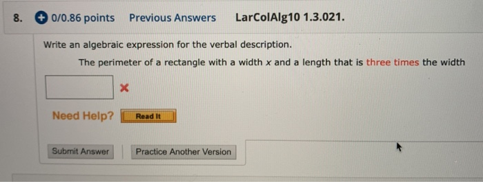 Solved 8. + 0/0.86 points Previous Answers LarColAlg10 | Chegg.com