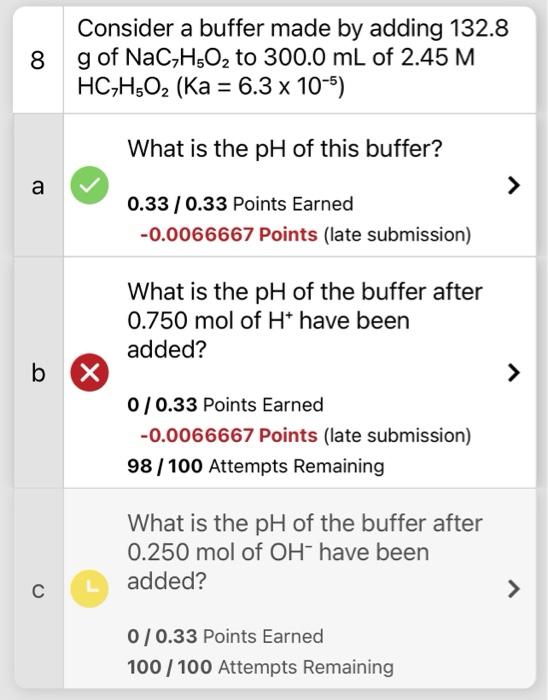 Solved Consider a buffer made by adding 132.8 g of NaC7H5O2 | Chegg.com