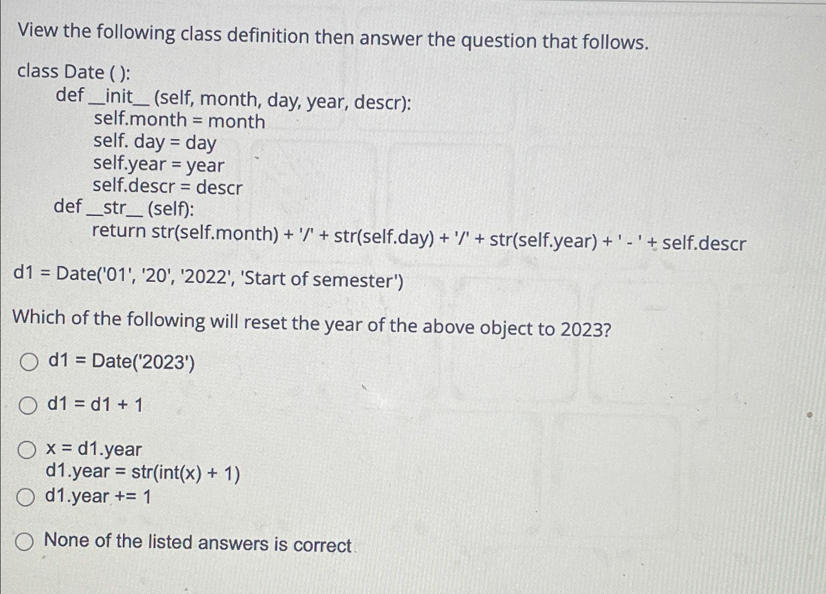 Solved View the following class definition then answer the | Chegg.com