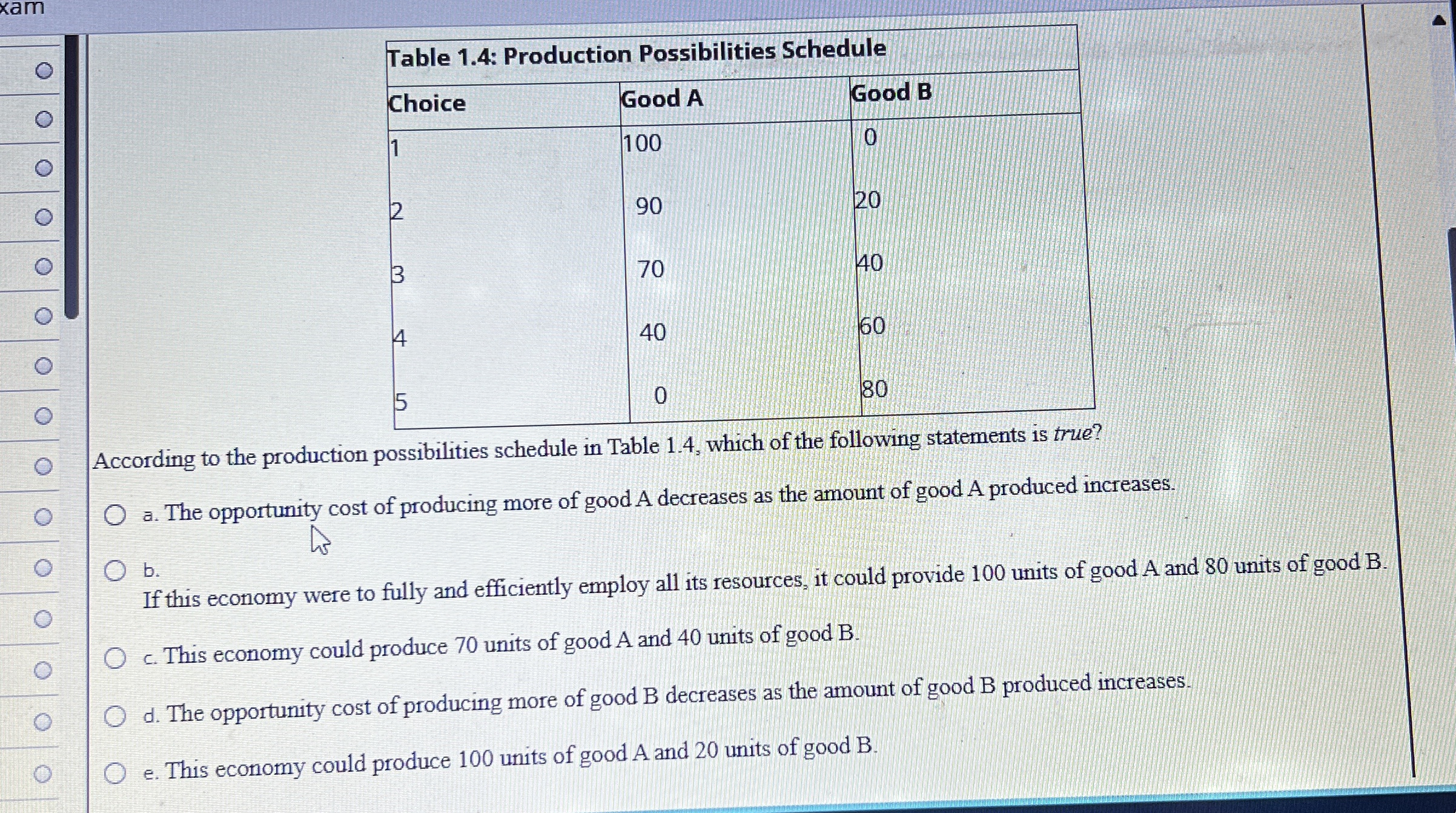 Solved \table[[Table 1.4: Production Possibilities | Chegg.com
