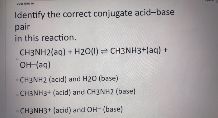 Solved QUESTION 19 Identify the correct conjugate acid-base | Chegg.com