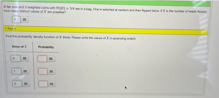Solved A fair coin and 3 weighted coins with Pr[H] = 3/4 are | Chegg.com