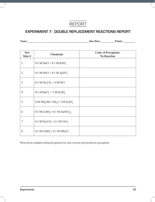 Solved REPORT EXPERIMENT 7: DOUBLE REPLACEMENT REACTIONS | Chegg.com