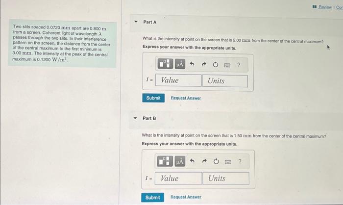 Solved Two slits spaced 0.0720 mm apart are 0.800 m from a | Chegg.com