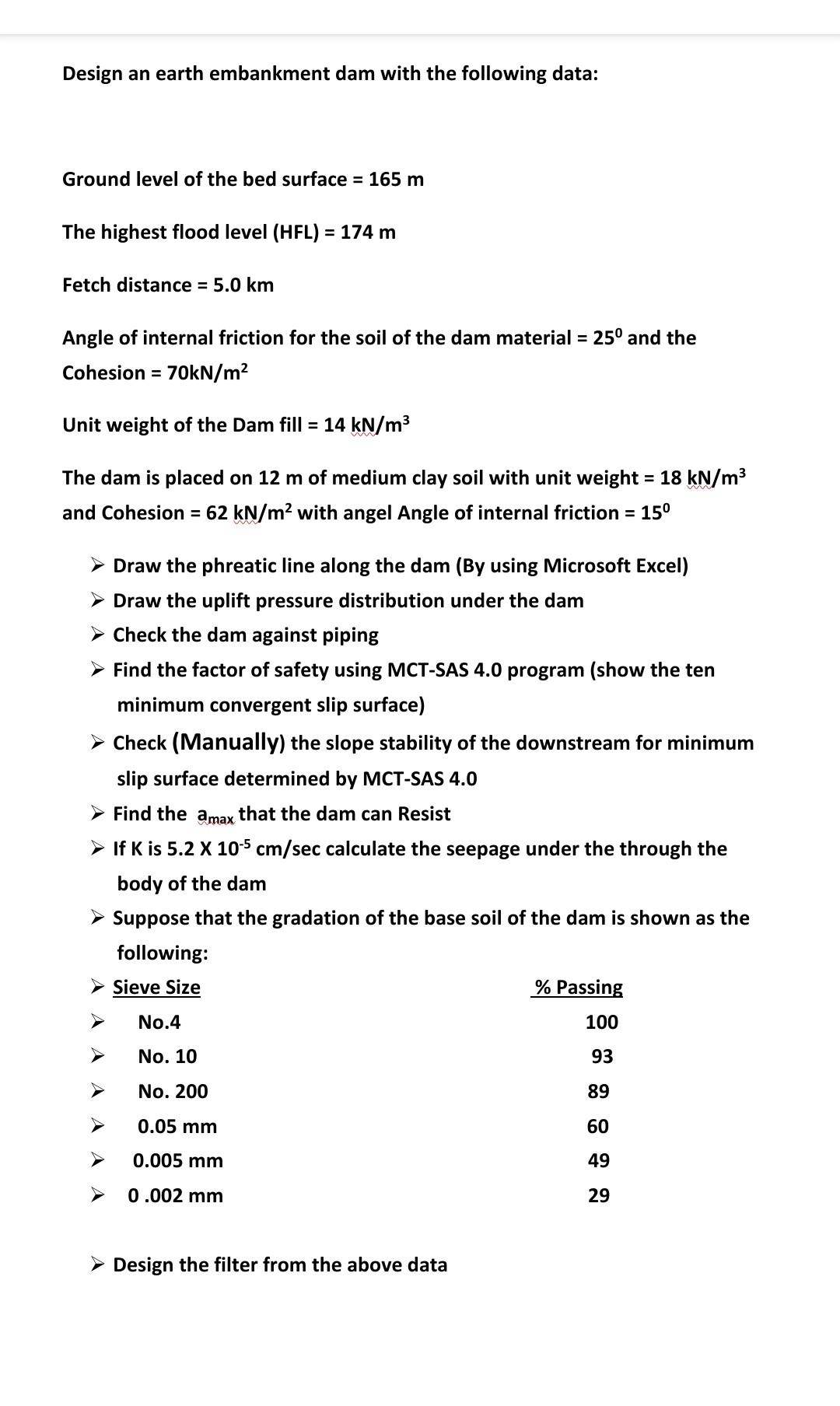 Design an earth embankment dam with the following | Chegg.com
