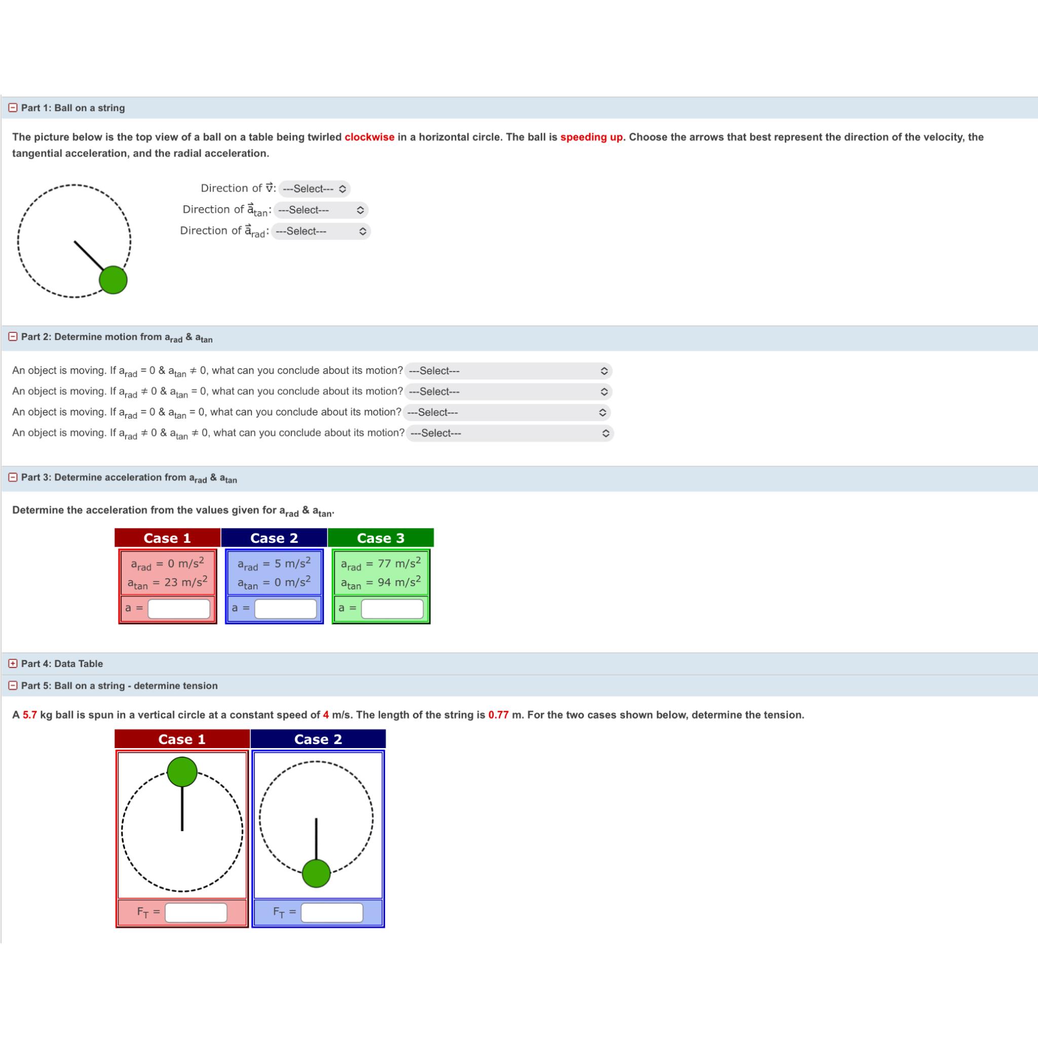Solved Part 1: Ball on a string tangential acceleration, and | Chegg.com