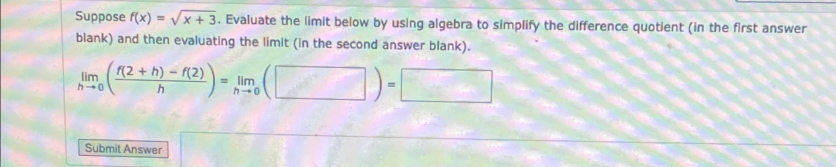 Solved Suppose f(x)=x+32. ﻿Evaluate the limit below by using | Chegg.com