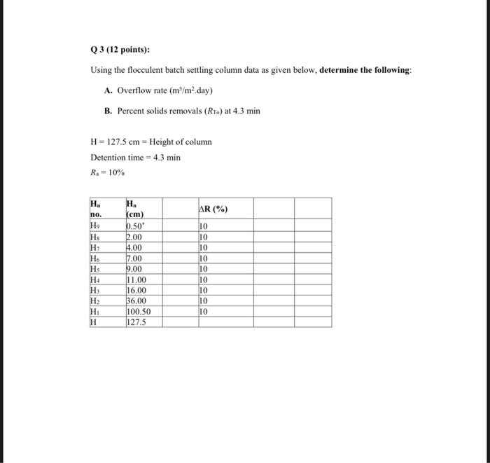 Solved Q3 (12 points): Using the flocculent batch settling | Chegg.com