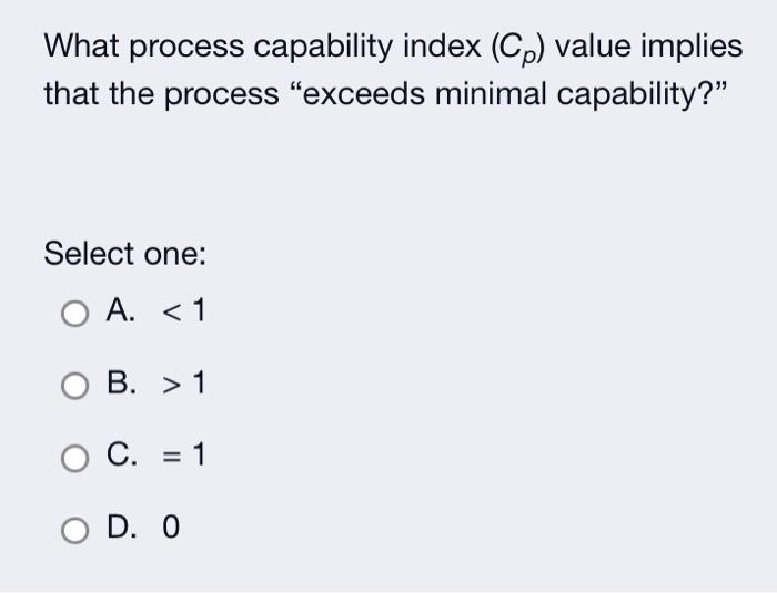 Solved What process capability index (Cp) value implies that | Chegg.com