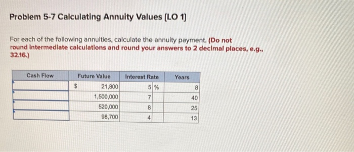Solved Problem 5-7 Calculating Annuity Values (LO 1 For each | Chegg.com