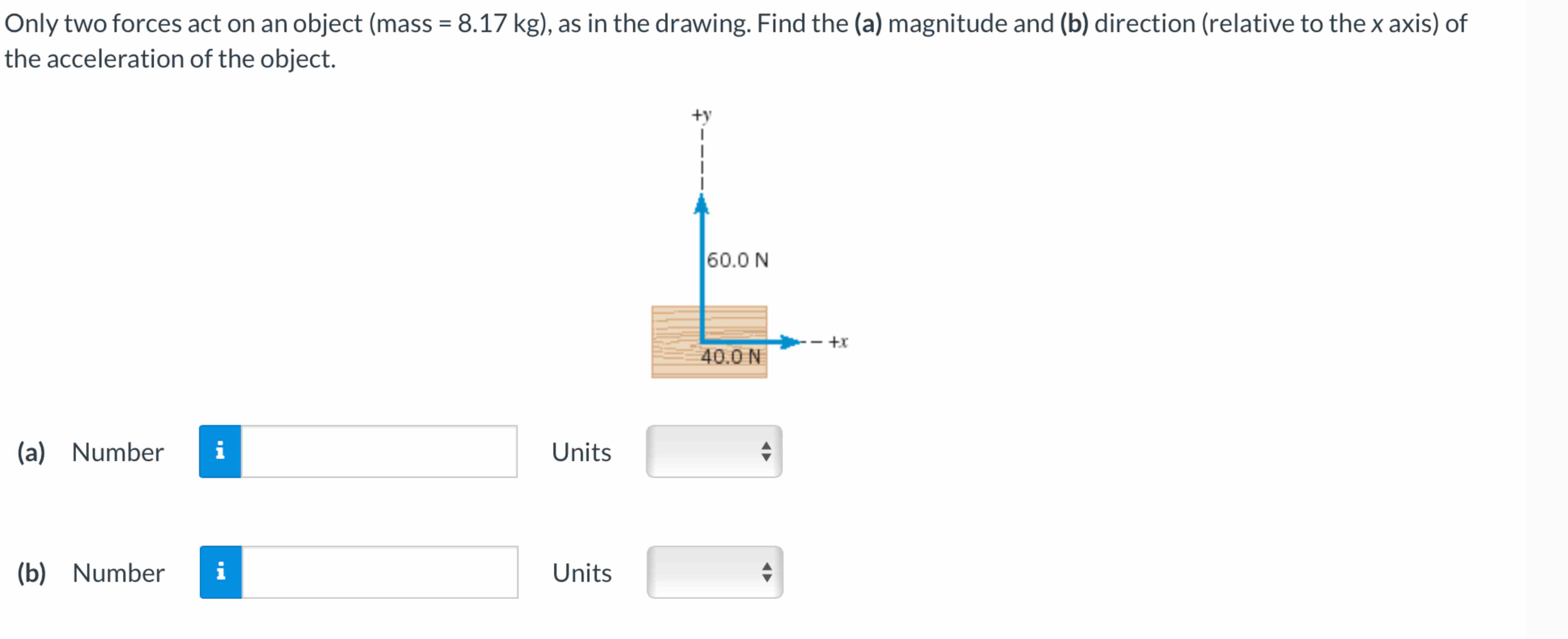 Solved Only two forces act on an object (mass =8.17kg ), ﻿as | Chegg.com