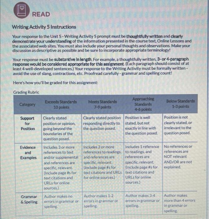 READ Writing Activity 5 Instructions Your response to | Chegg.com