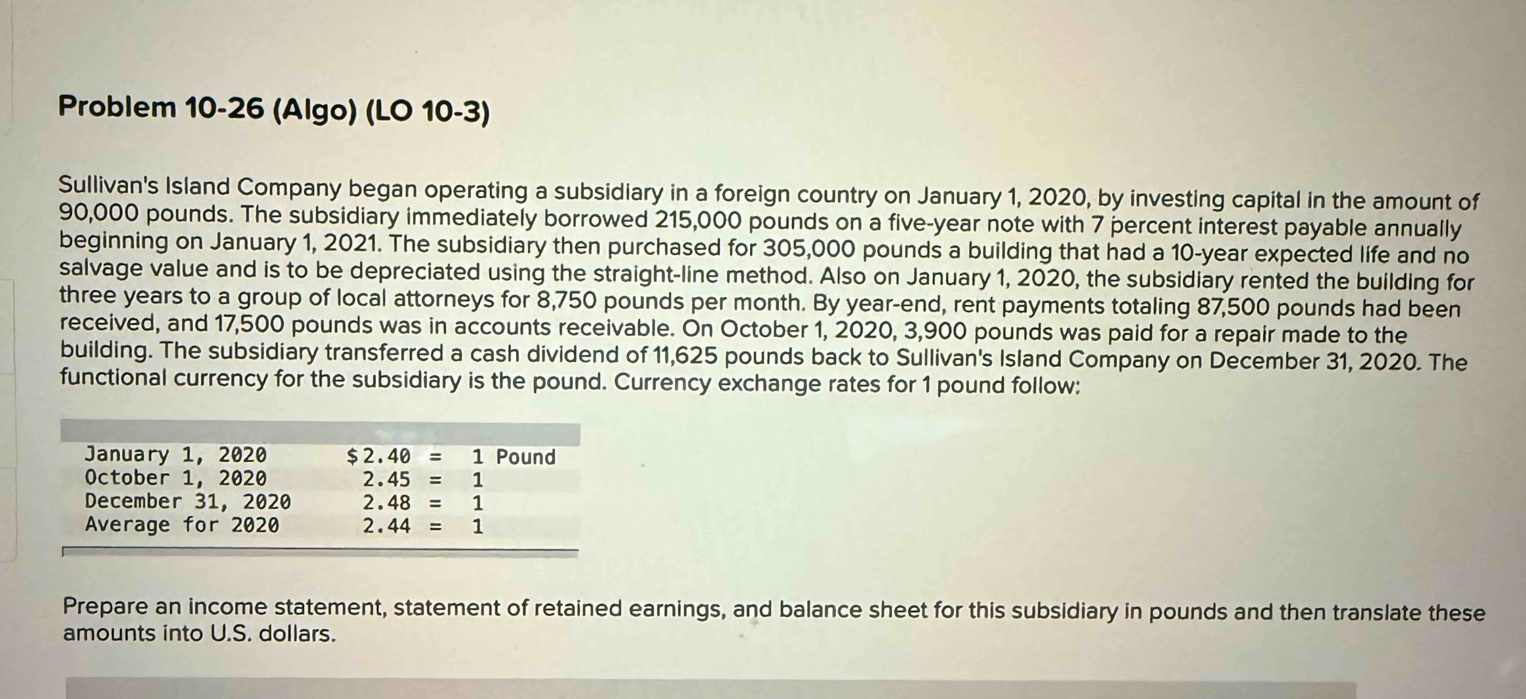 Solved Problem 10-26 (Algo) (LO 10-3) ﻿Sullivan's Island | Chegg.com